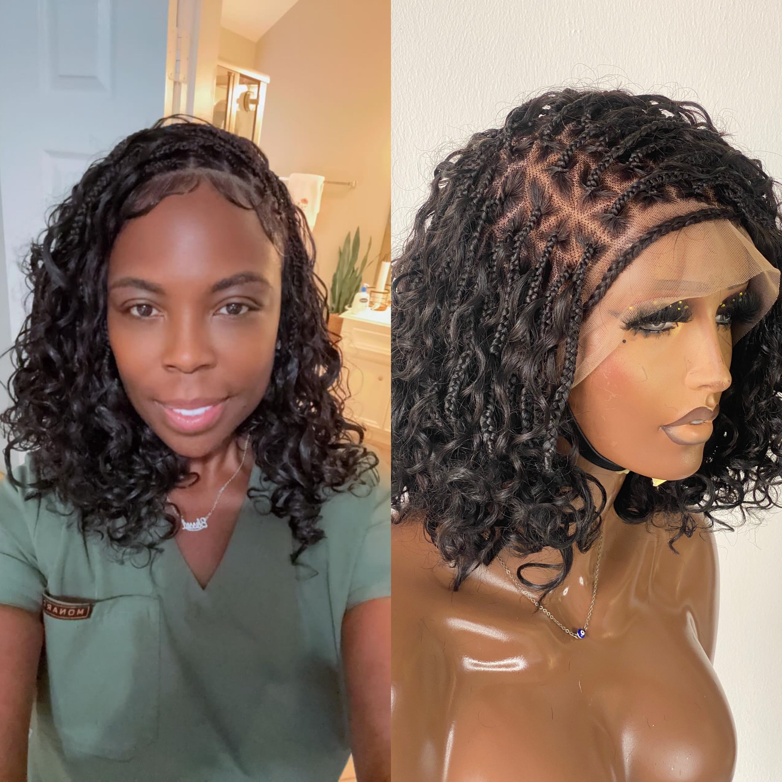 Bob Bohemian Knotless Wig (Human Hair Curls) HD Full Lace, Black Color ...